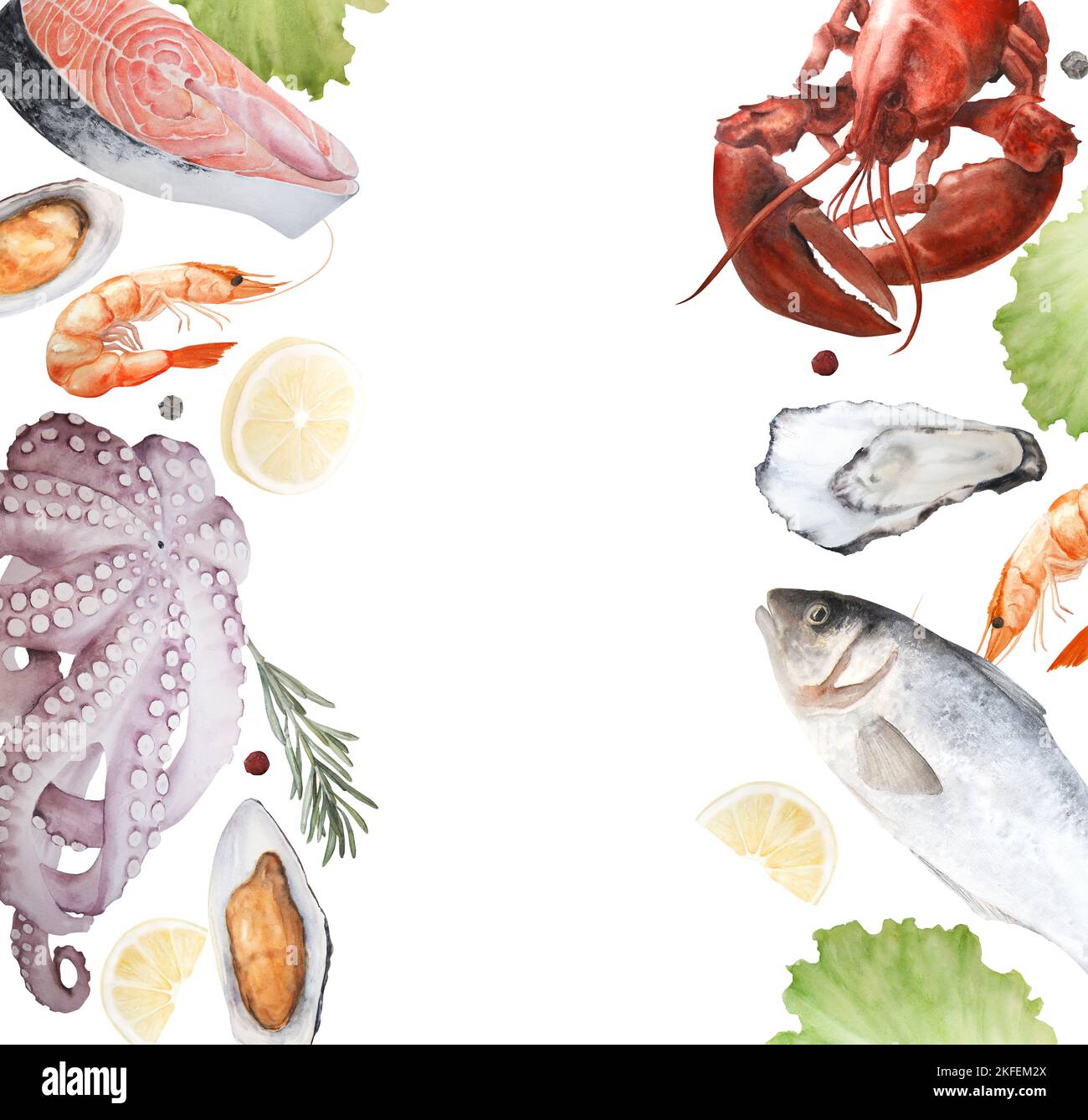 Seafood watercolor illustration, frame on white background Stock Photo ...