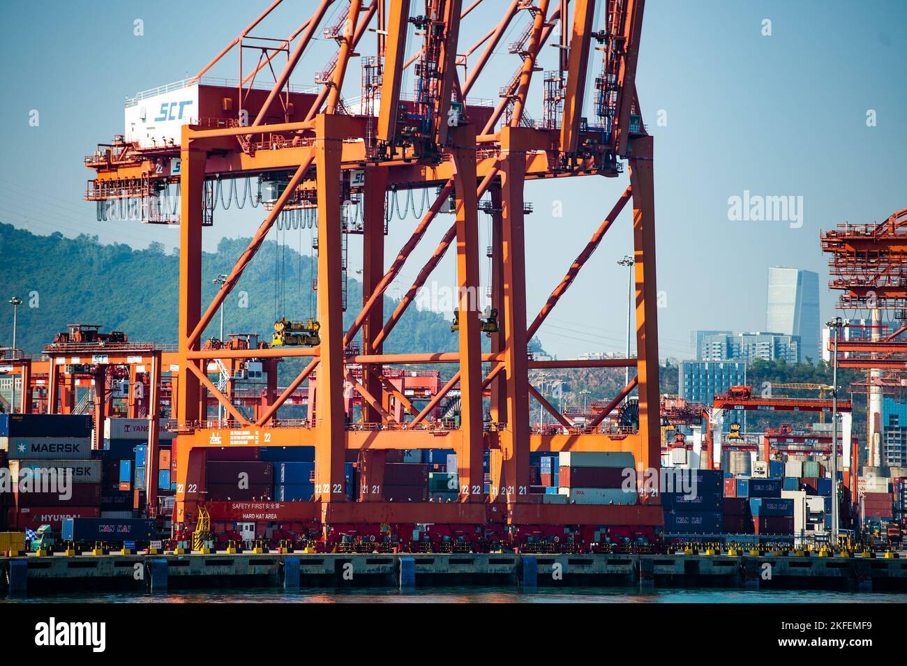 Container ships shuttle over the sea at the Guangdong-Hong Kong-Macao ...