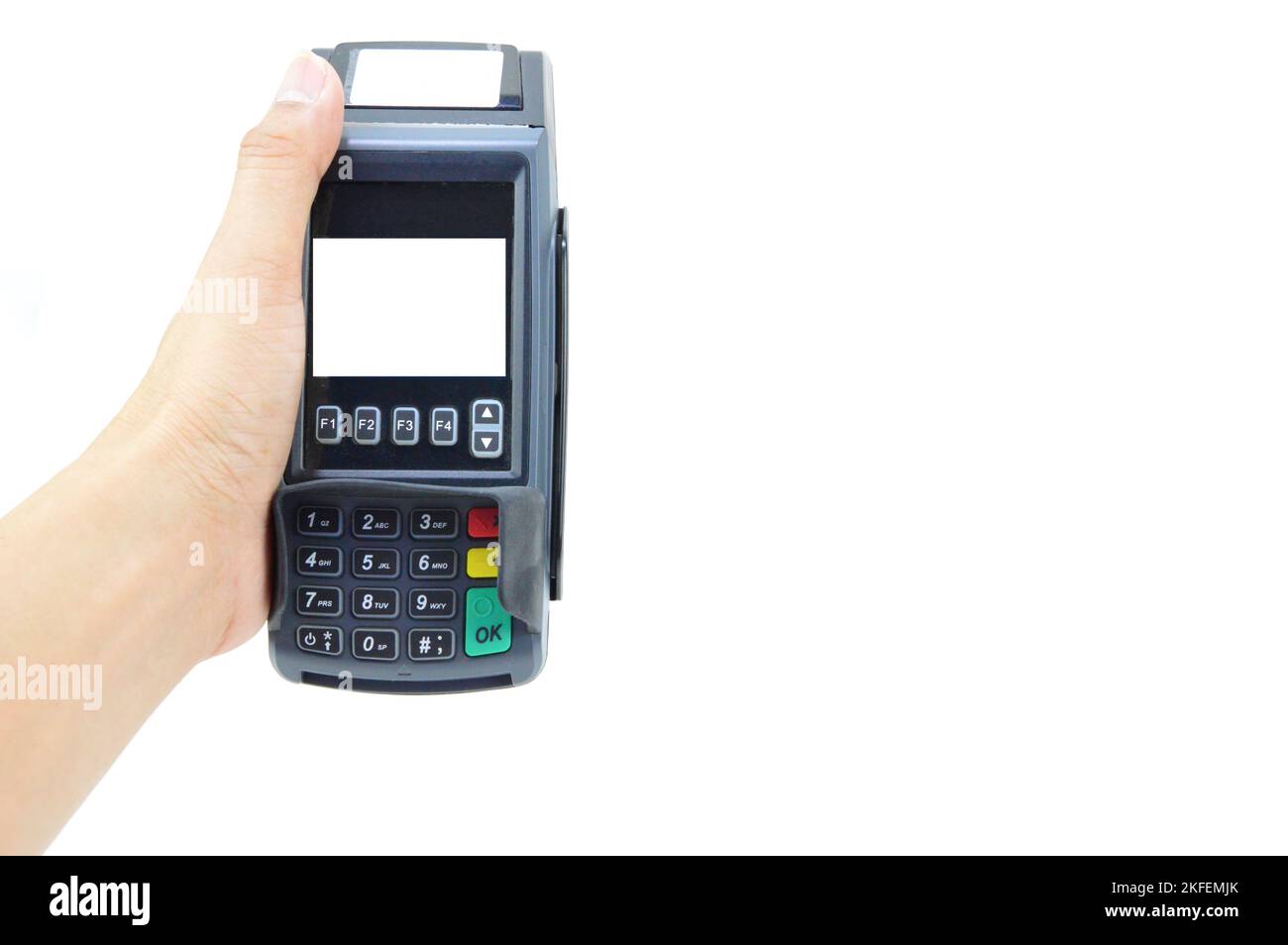 Payment terminal with a white screen. Payment device isolated on white ...
