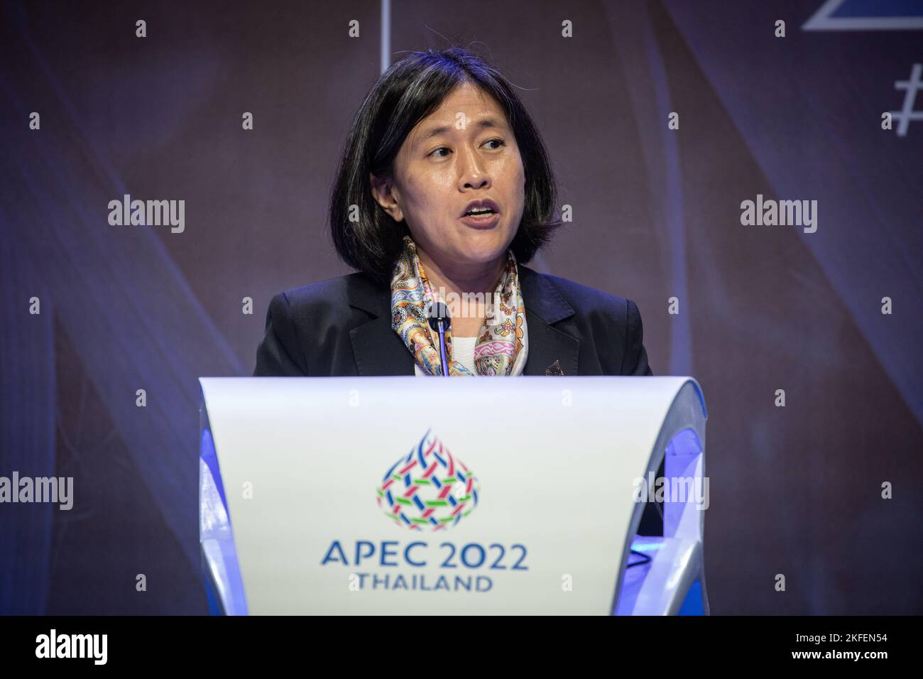 Bangkok, Thailand - 17 Nov 2022, US Trade Representative Katherine Tai speaks during a press ...