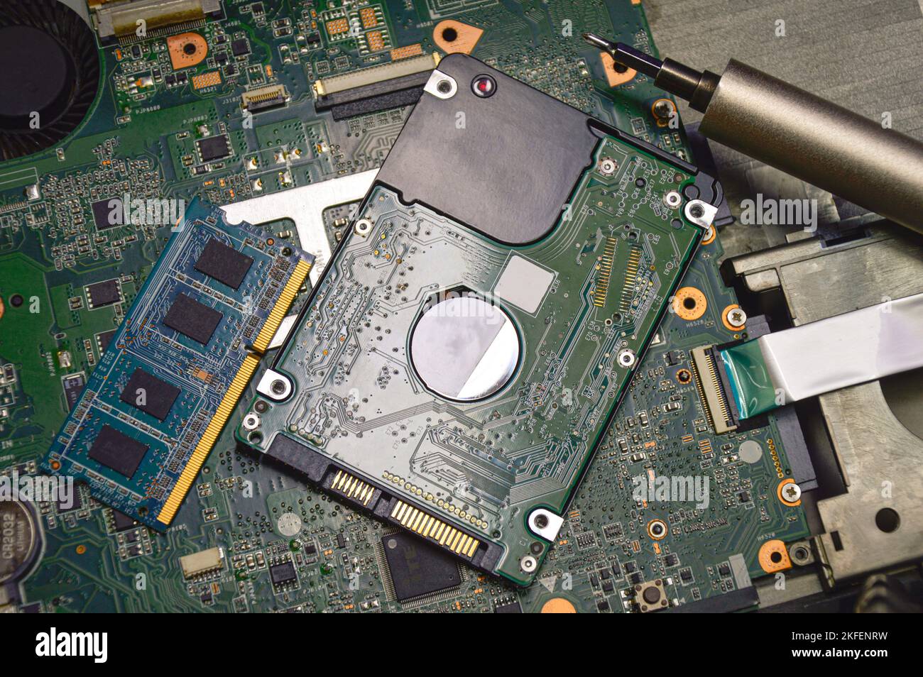 Image of hard disk, RAM, and motherboard viewed from above Stock Photo ...