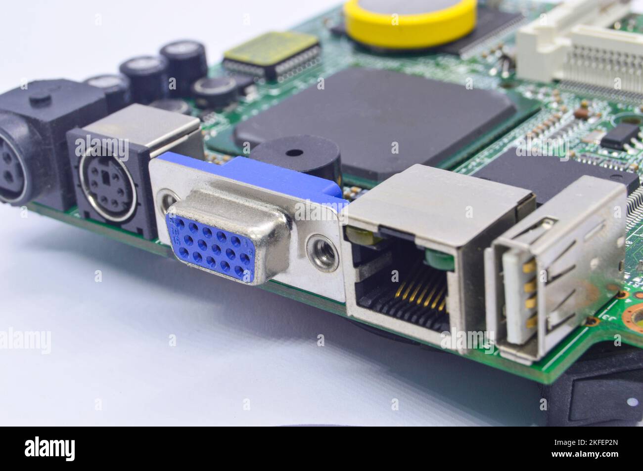 Close-up side view of the motherboard, seeing the various ports Stock ...