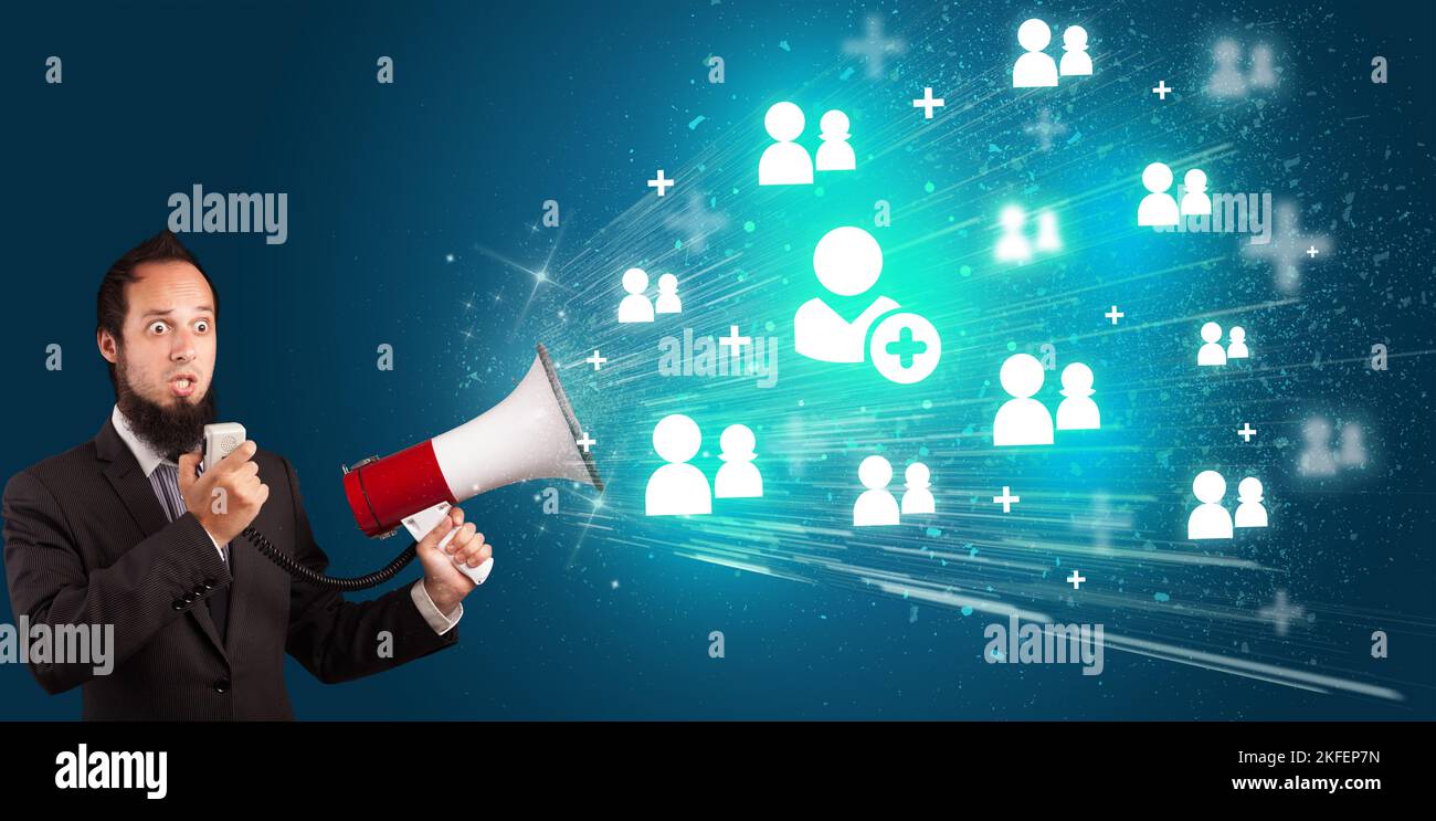 Young person with megaphone and social networking icon Stock Photo - Alamy