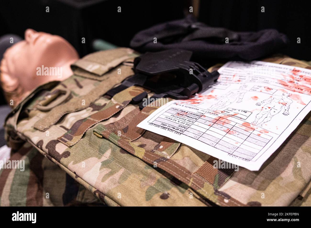A lifelike combat casualty mannequin sits on display inside the U.S ...