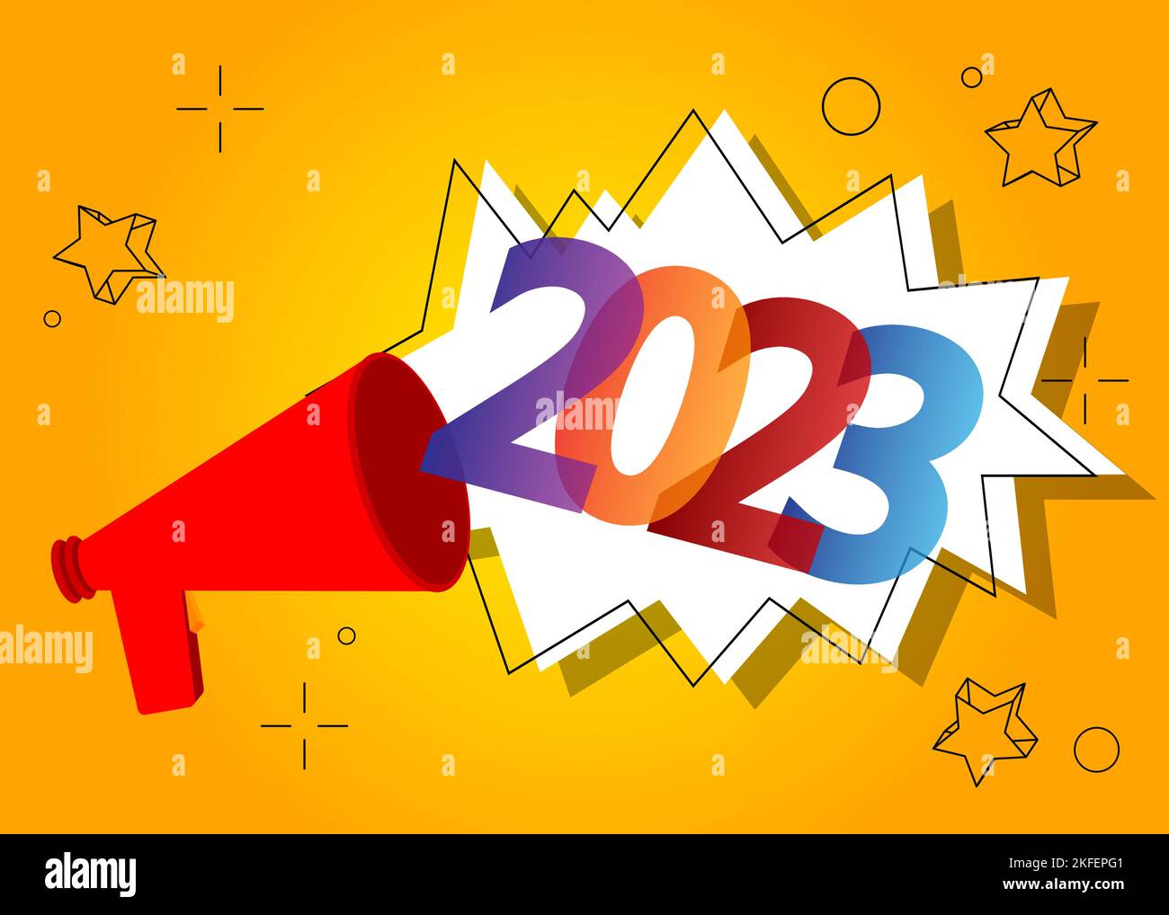 Number 2023 with cartoon Megaphone. Vector Announcement illustration ...