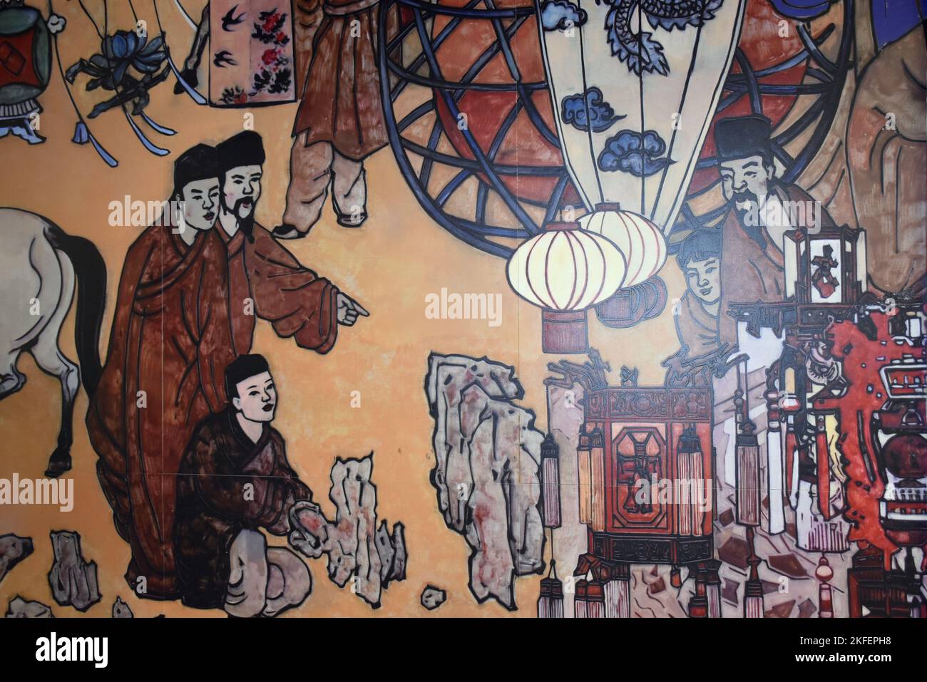 The Ming dynasty lanterns on the ceiling and the hall columns with ...