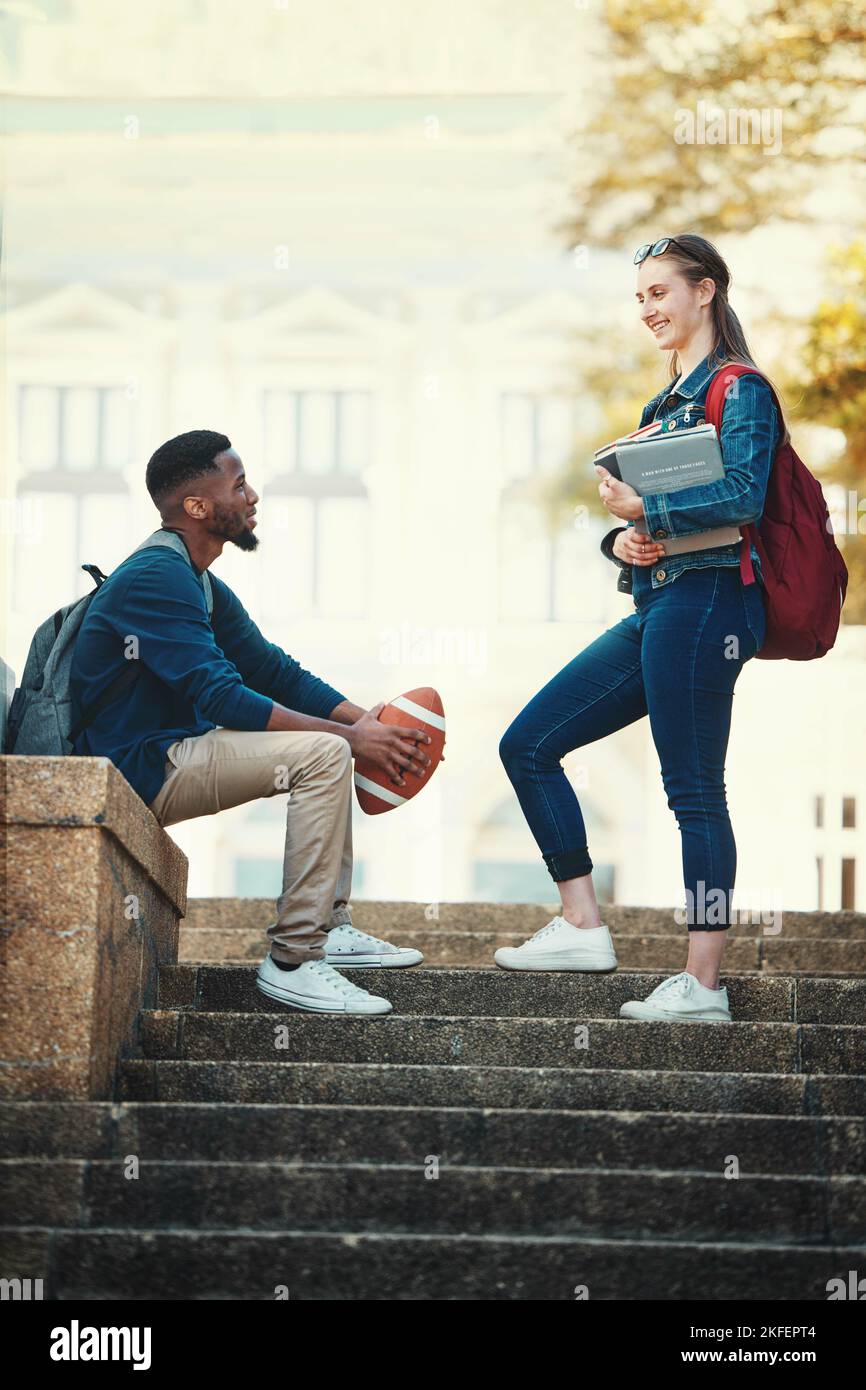 University, campus steps and students talking, speaking or discussion ...