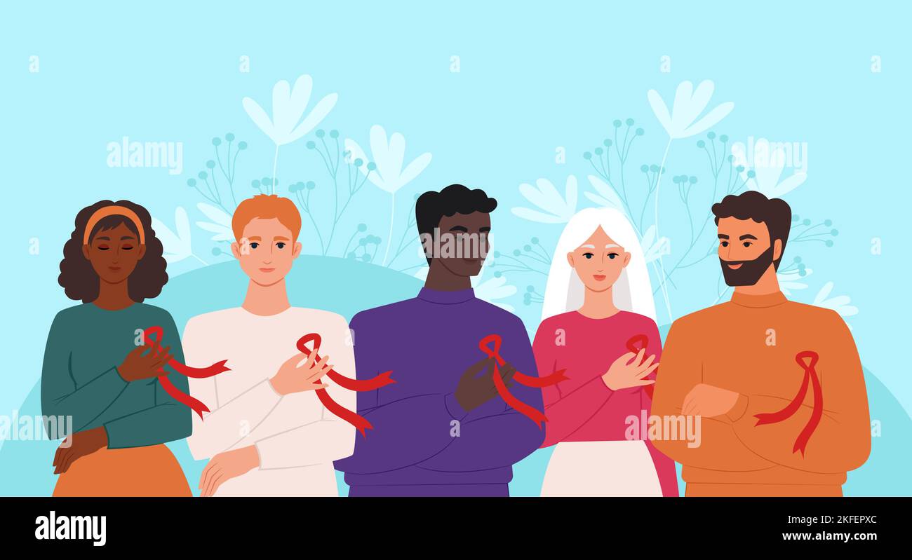 World AIDS Day. A group of people of different nationalities with red ...