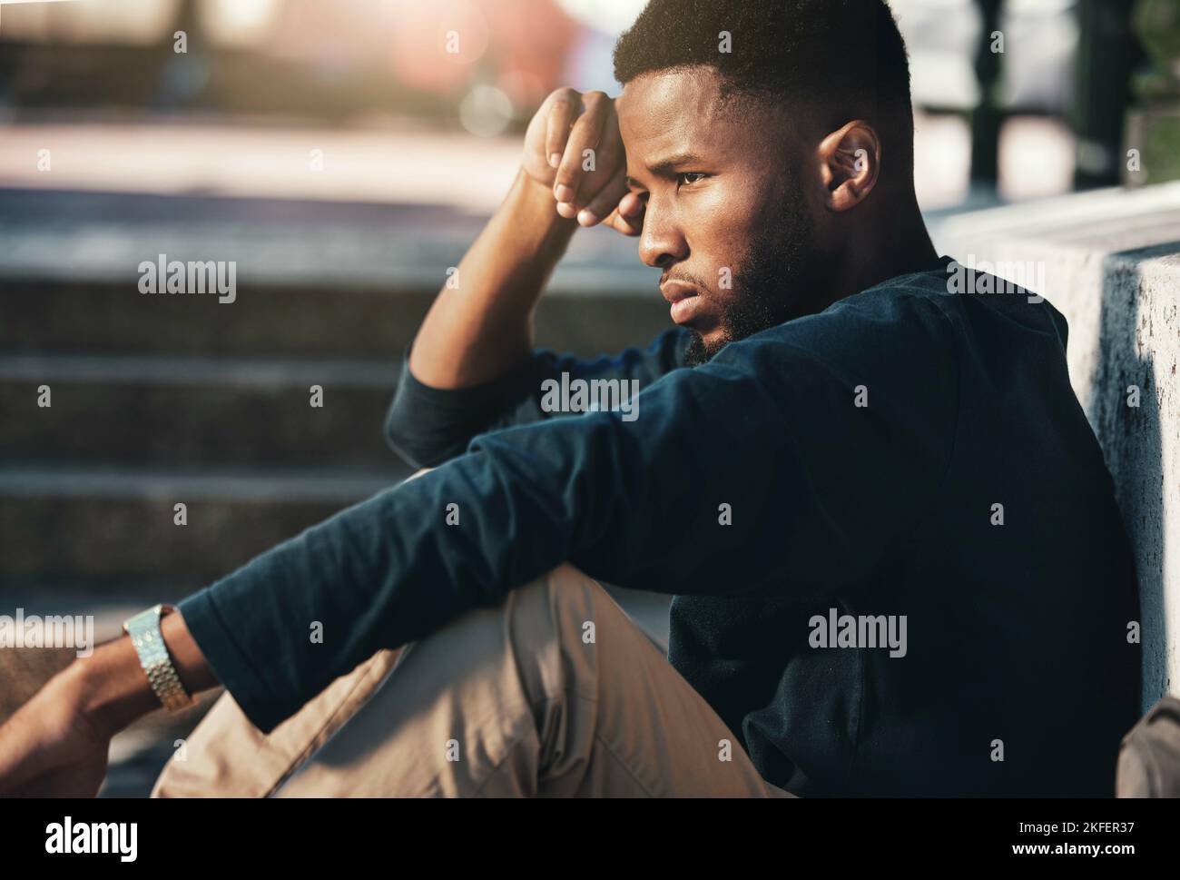 Stress, depression or sad black man on stairs thinking of dilemma ...