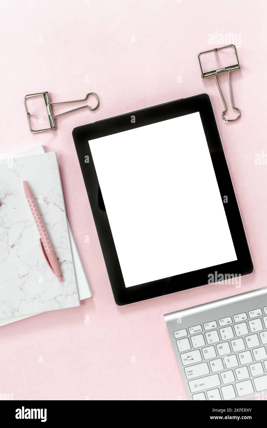 Feminine desktop flat lay of office workspace scene with white and ...