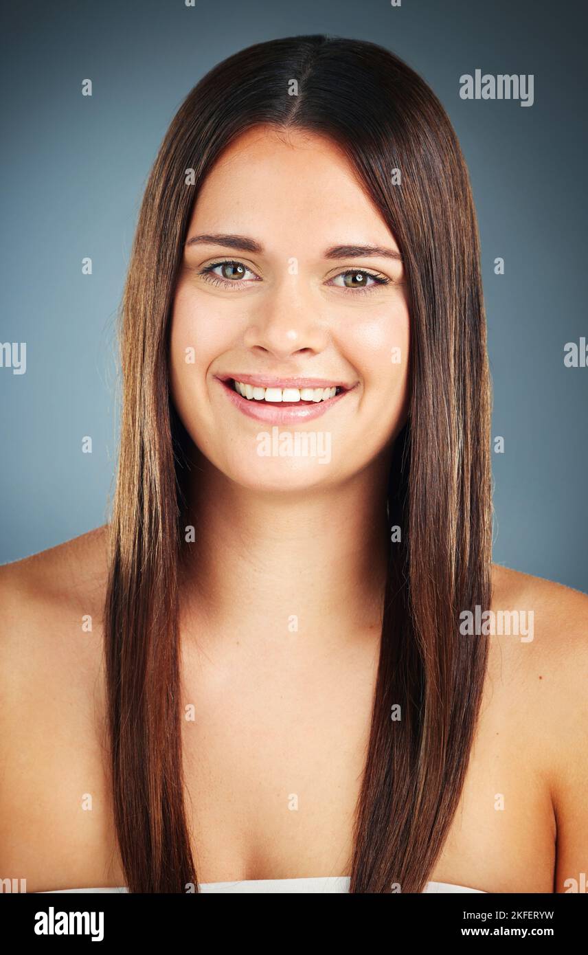 Woman, straight hair and skincare portrait for beauty, luxury salon ...