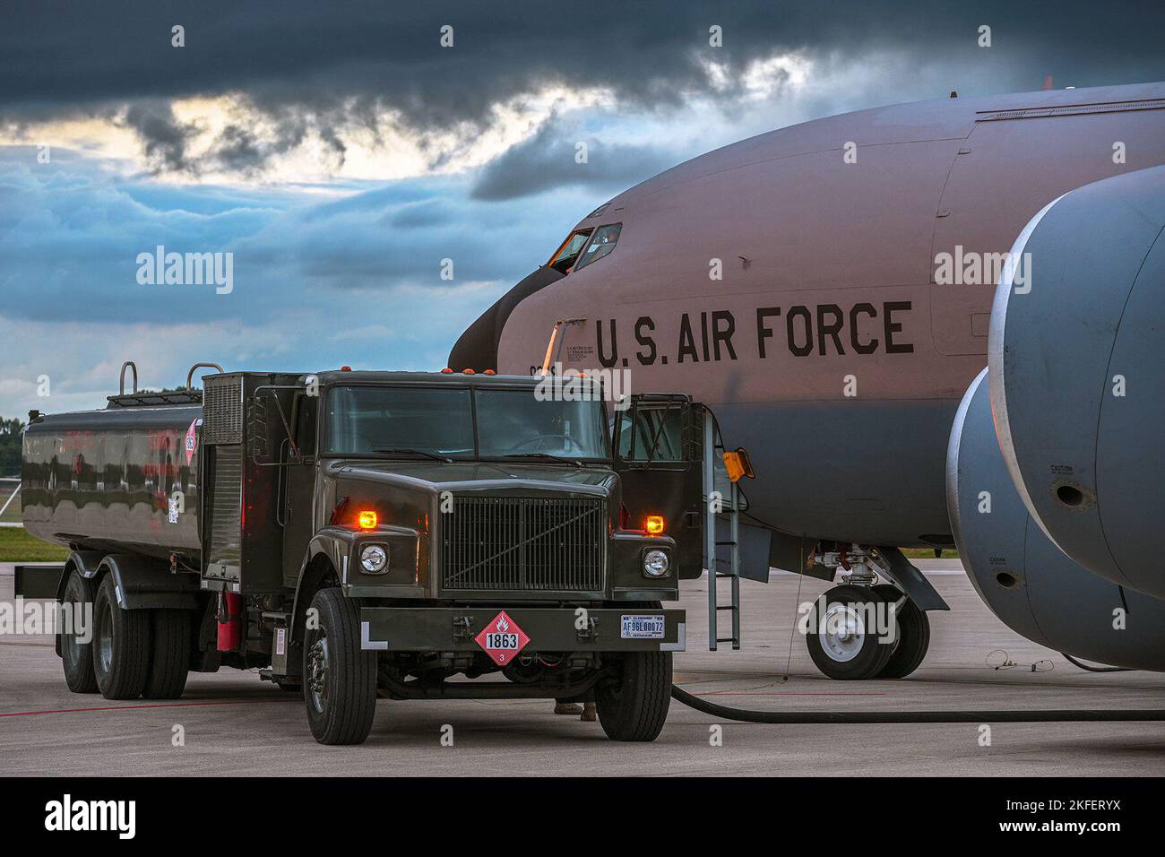 An R11 fuel truck from the 127th Logistics Readiness Squadron refuels a ...