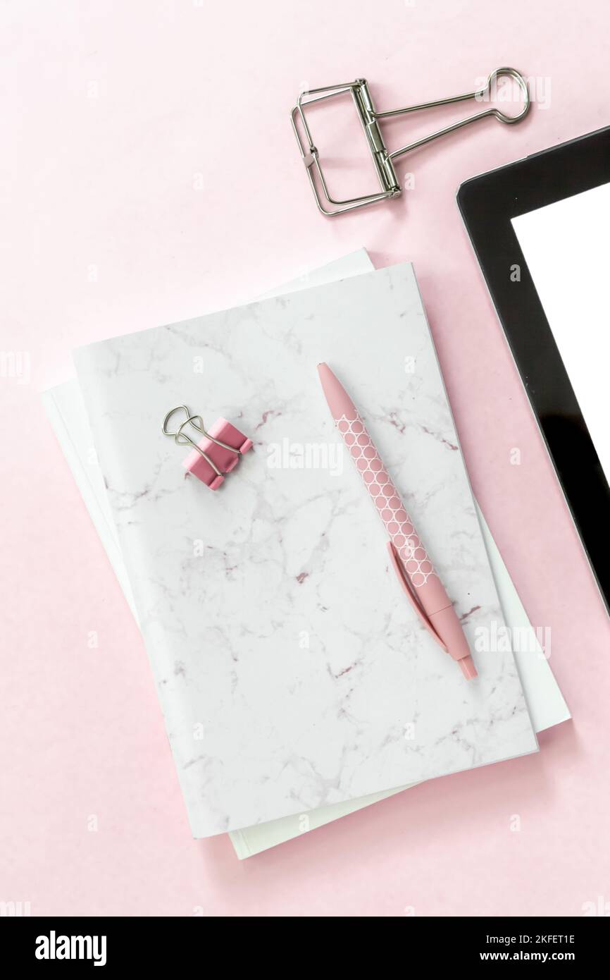 Feminine desktop flat lay of office workspace scene with white and ...