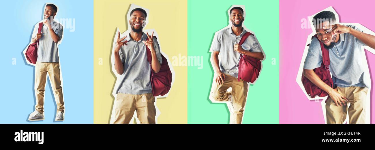 Collage, series and education with a black man student on different ...