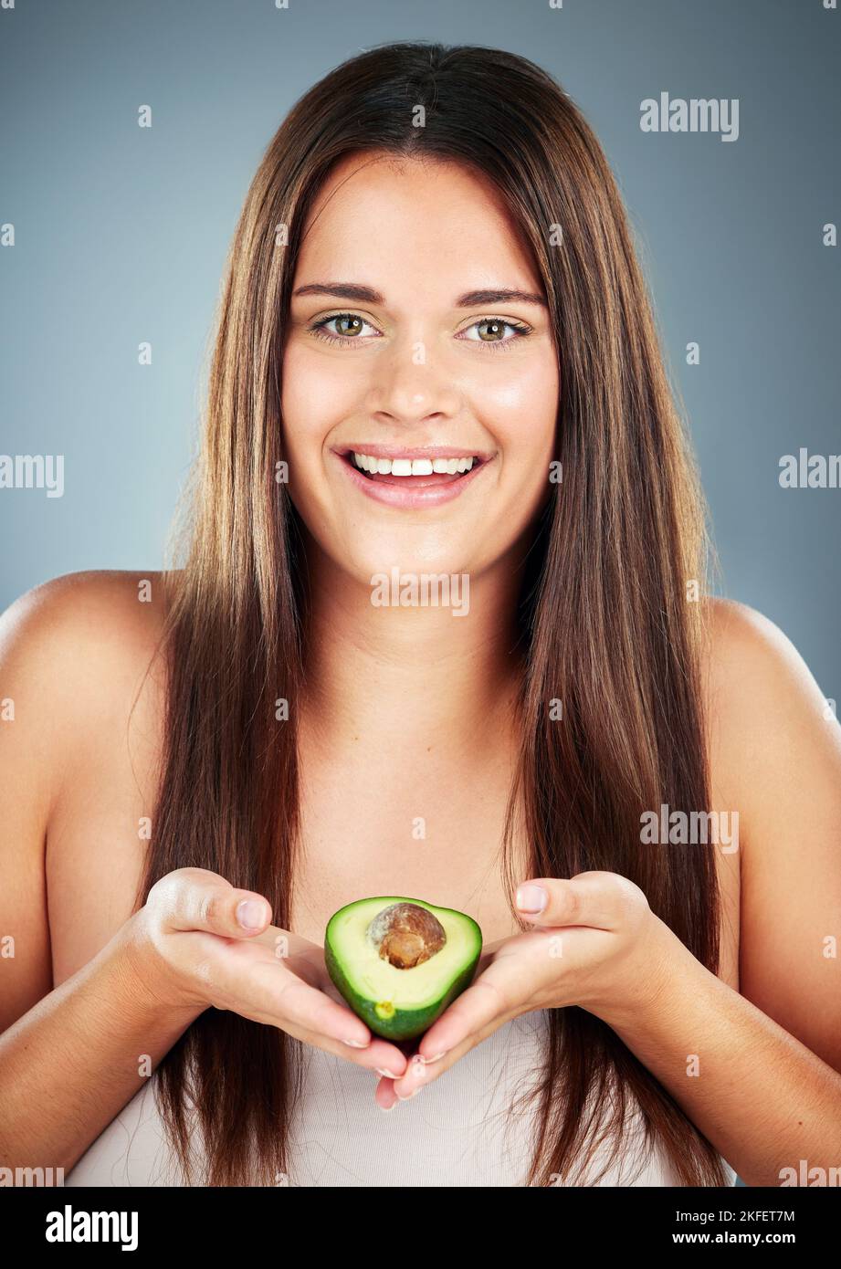 Wellness, aesthetic and portrait of avocado girl for hair care ...