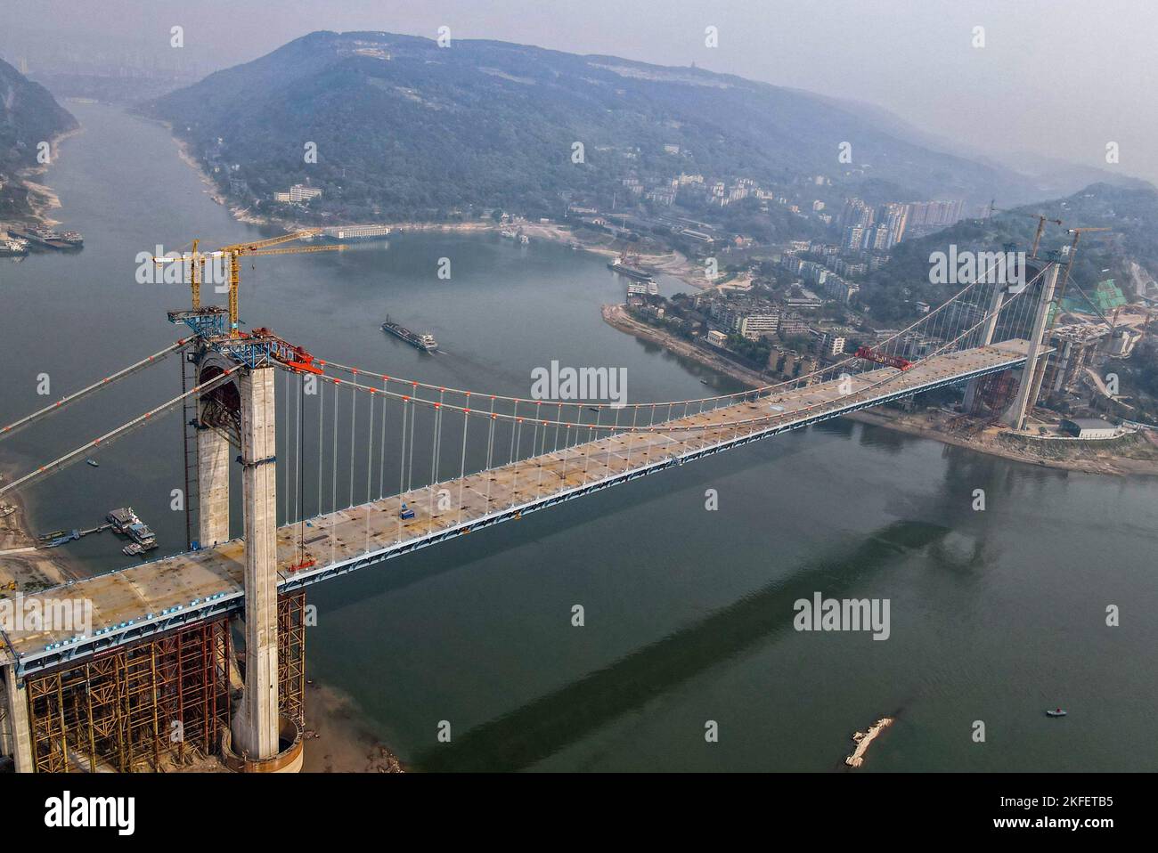 The Guojiatuo Yangtze River Bridge which is the longest-span road-rail ...