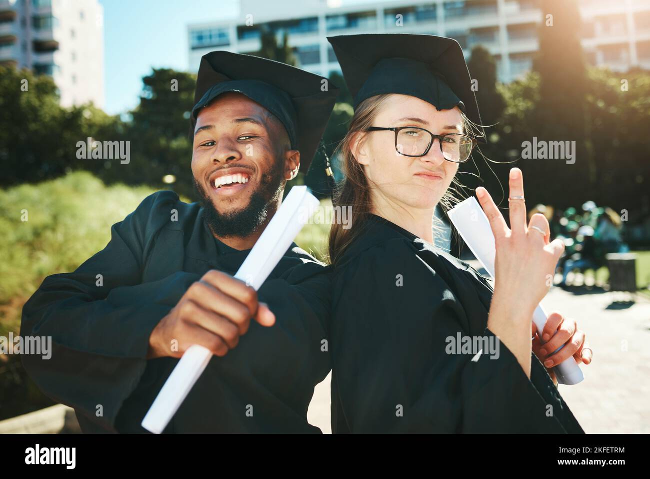 Graduation, students and happy for success, achievement or silly ...