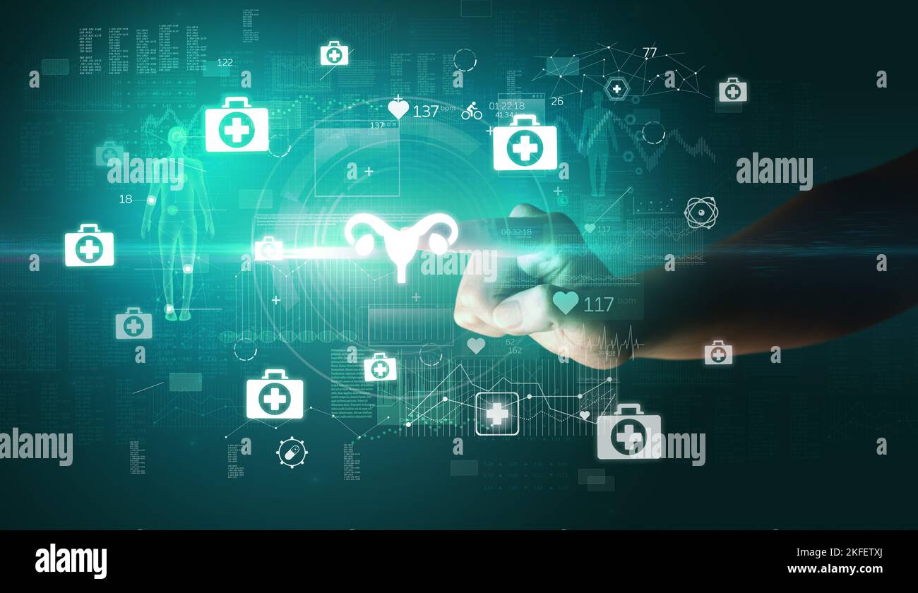 Doctor hand pressing futuristic health device with medical symbol on screen Stock Photo - Alamy