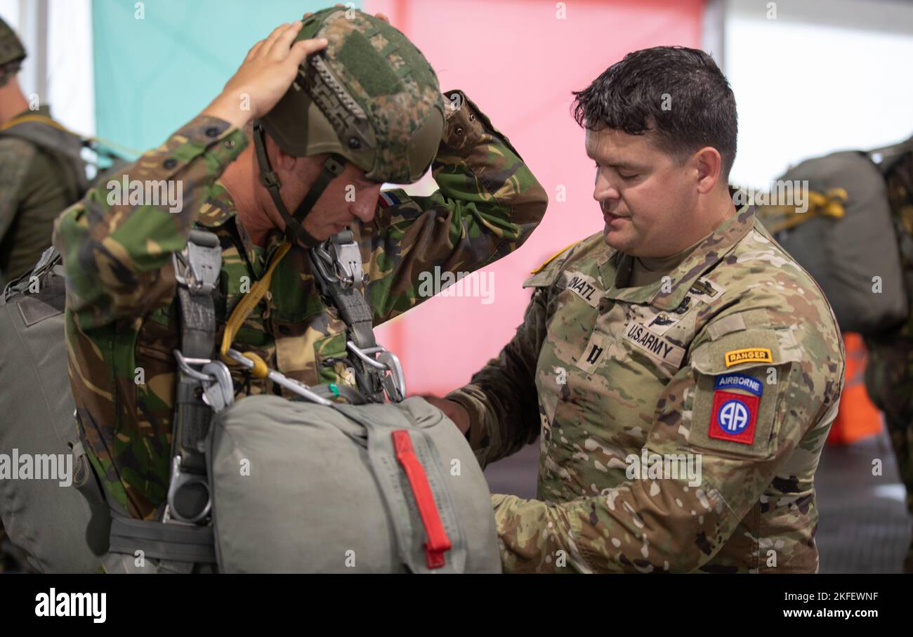 A U.S. Army Jumpmaster conducts a Jumpmaster Personel Inspection (JMPI ...
