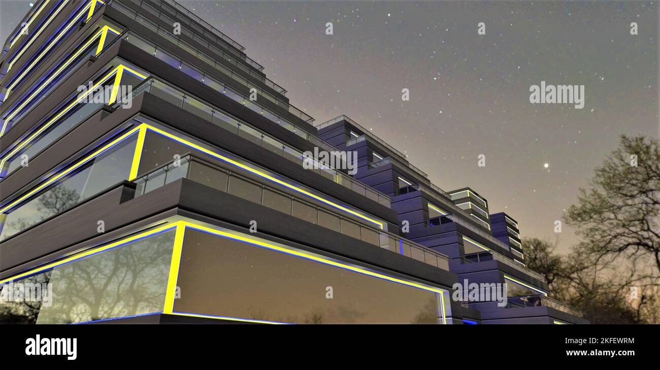 Corner view of the contemporary hotel with illuminated window archs in ...