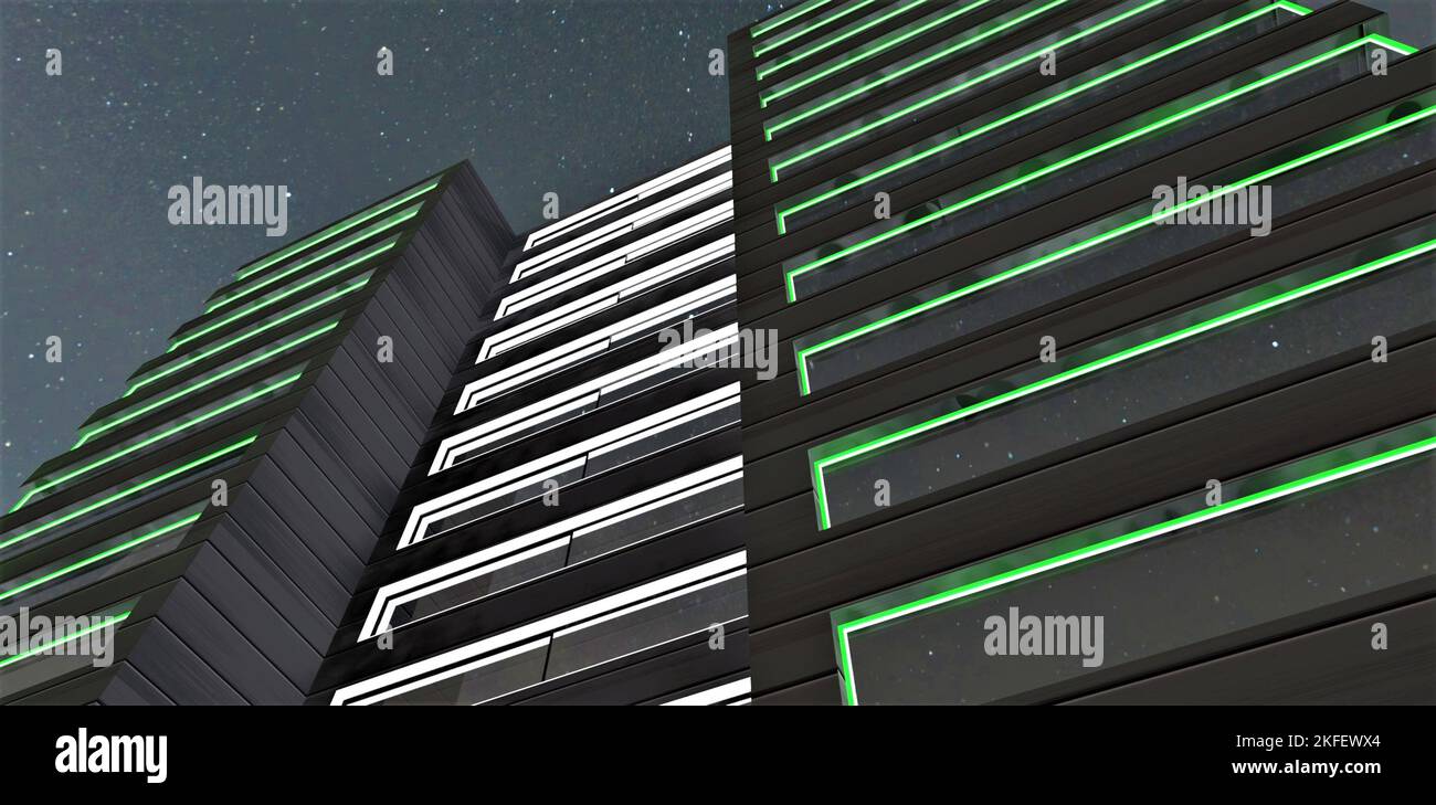 Bottom view of the illuminated facade of an ordinary residential ...