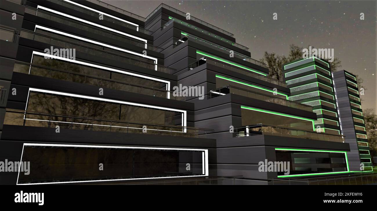 LED illumination of the exterior of low-rise buildings in the evening ...