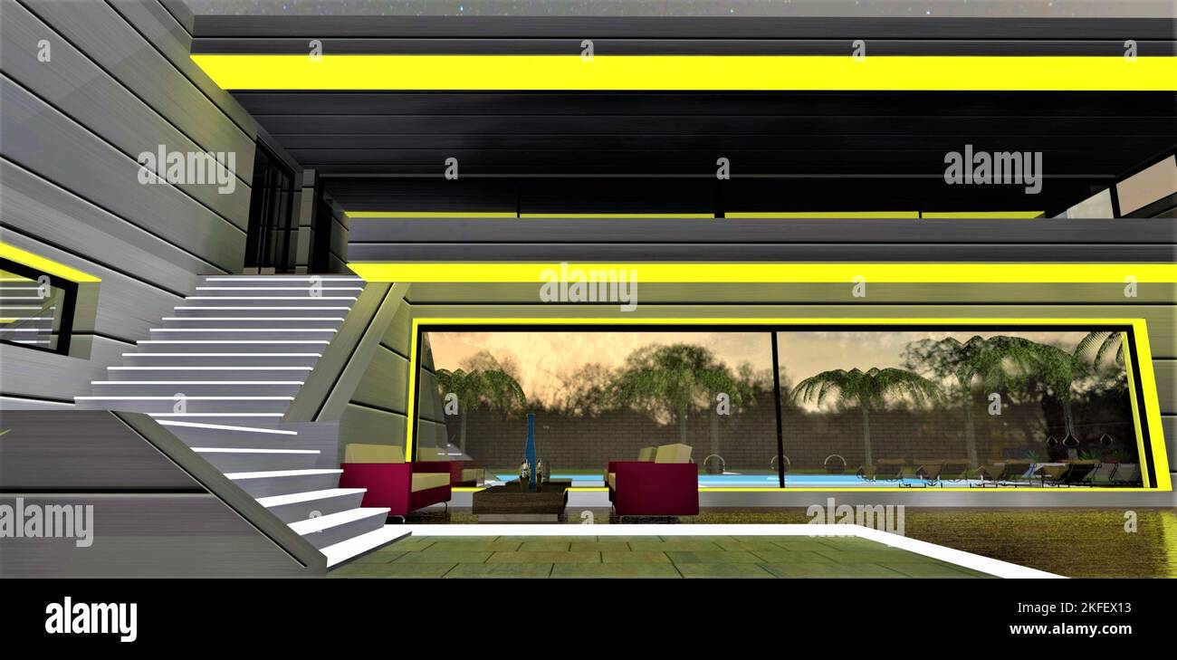 Stylish yellow illumination of the facade of a futuristic suburban ...