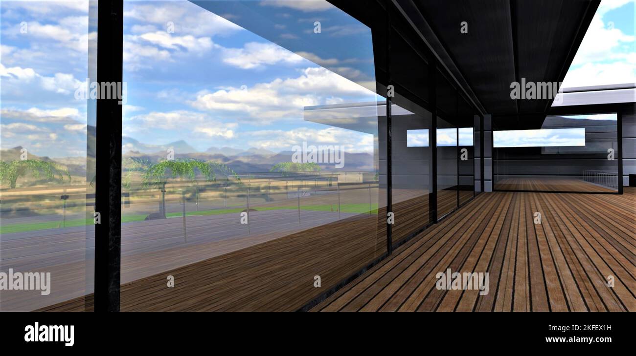 Reflection of the environment in large glass panoramic sliding doors on ...