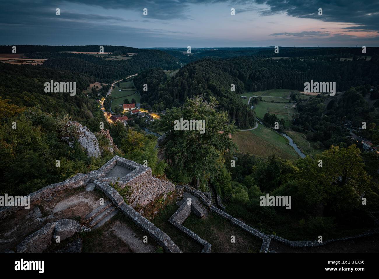 An aerial of the Hohengundelfingen castle in the green woods in ...