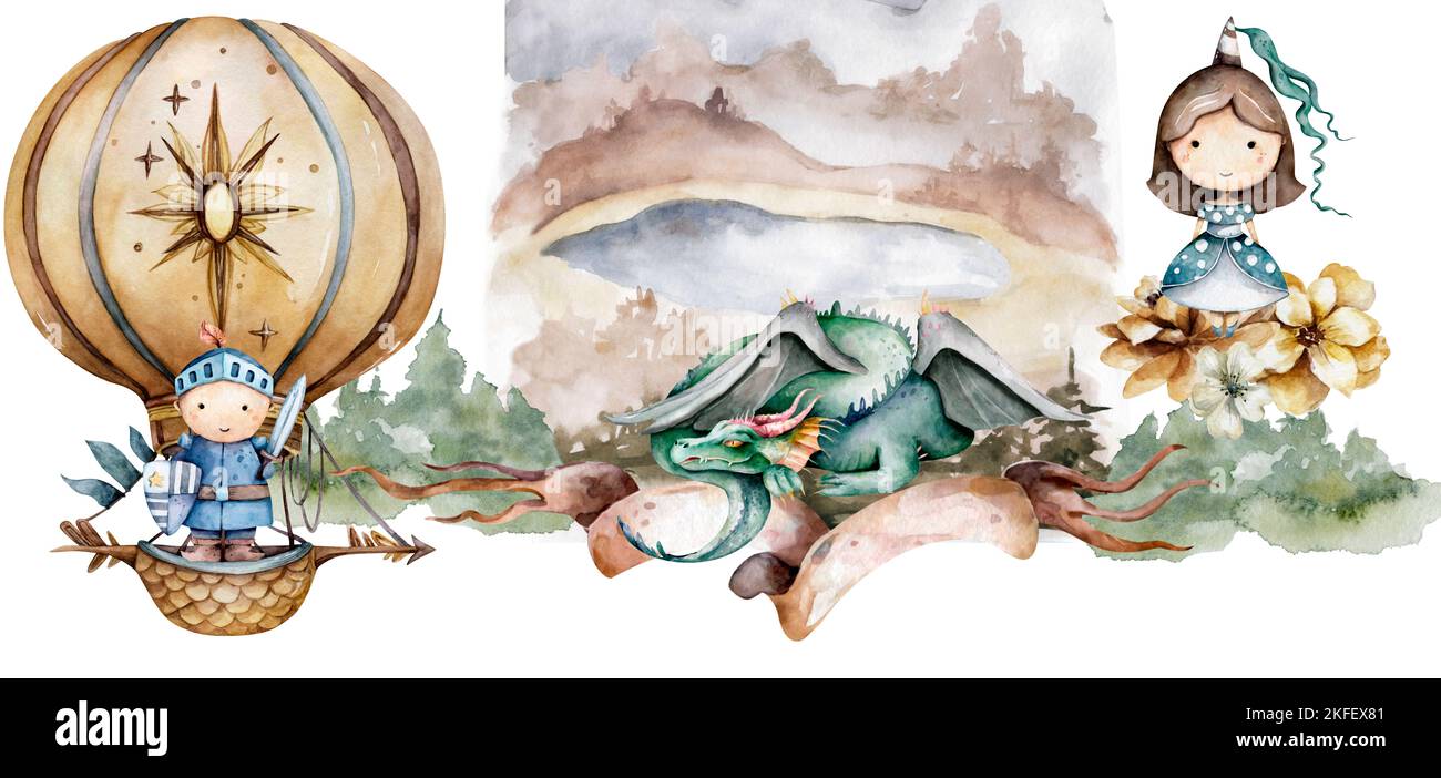 Knight, dragon and castle watercolor illustration. Fabulous mystical ...