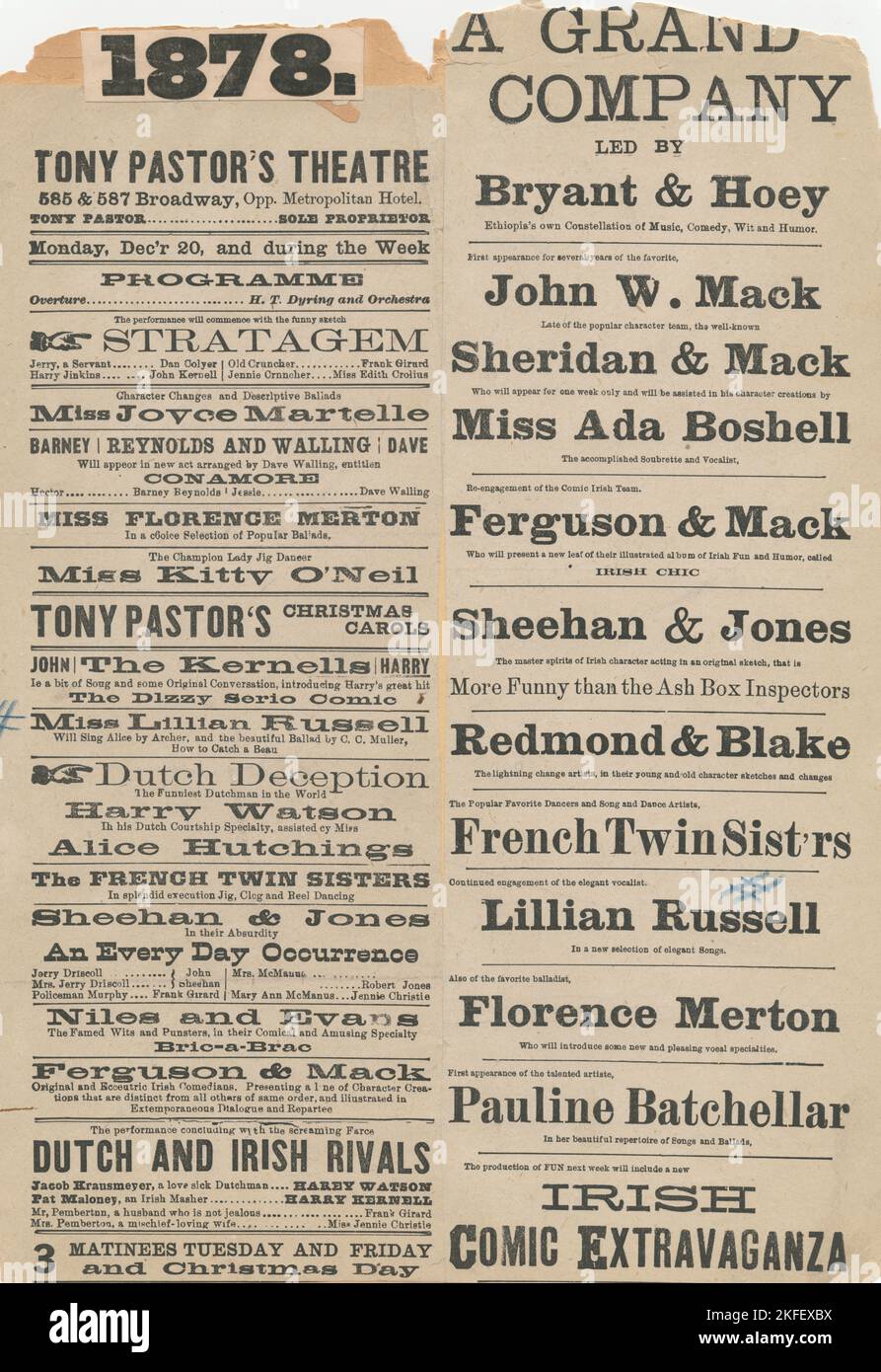 Two playbills advertising Tony Pastor's Vaudeville acts, ca. 1878 ...