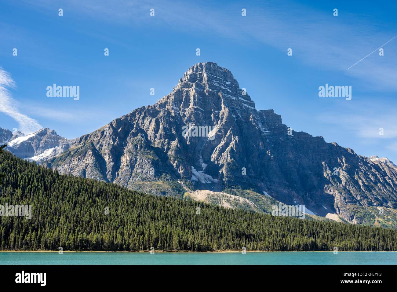 The rugged peak of Mount Chephren at Waterfowl Lakes along the ...