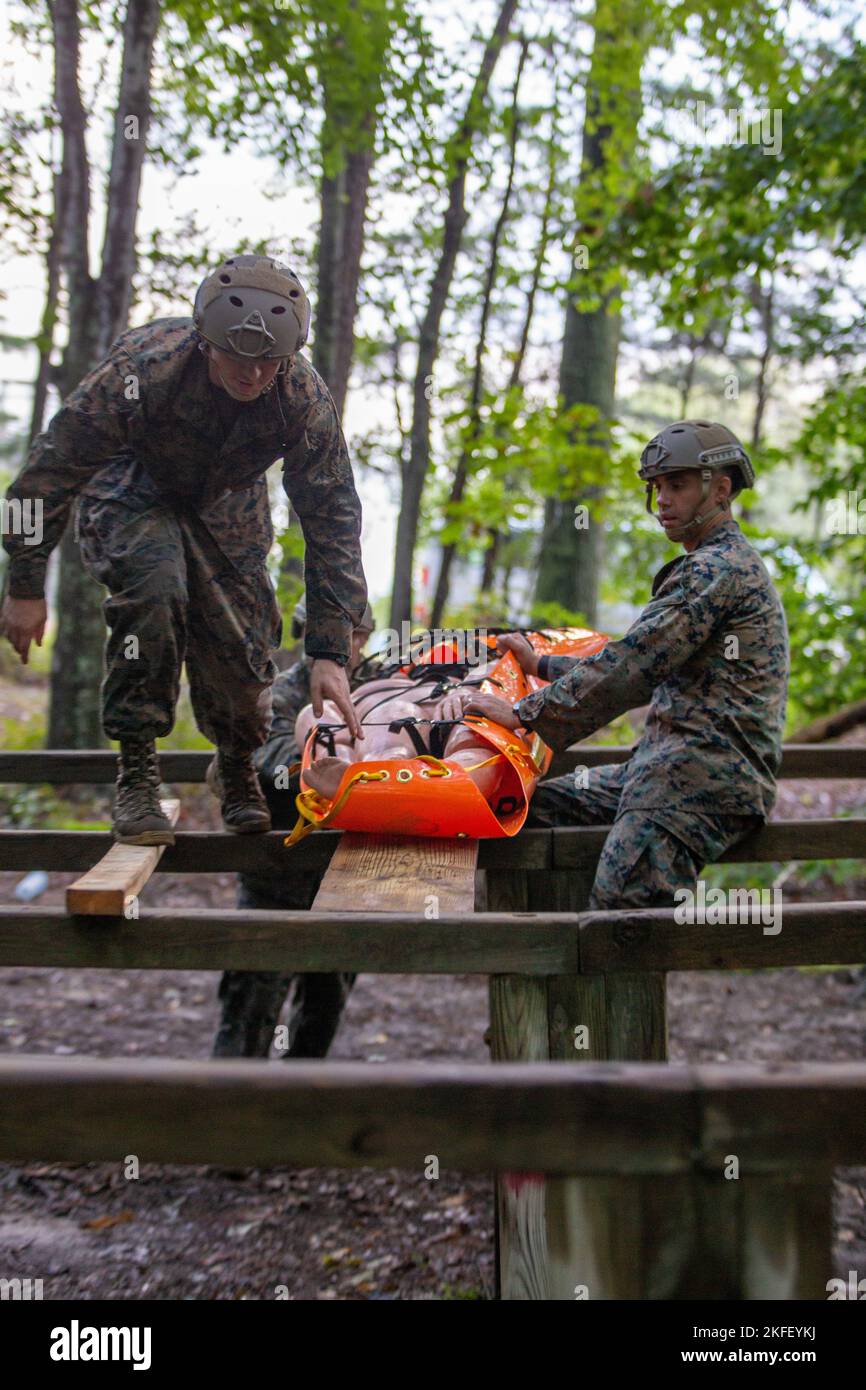 U.S. Marines with 2d Marine Division transport a simulated casualty ...