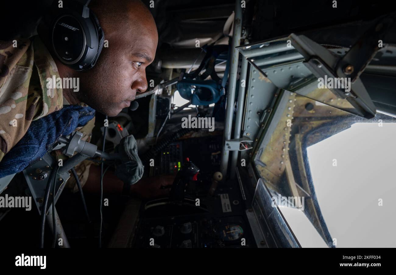 U.S. Air Force Staff Sgt. Kevin Satberry, a boom operator assigned to ...