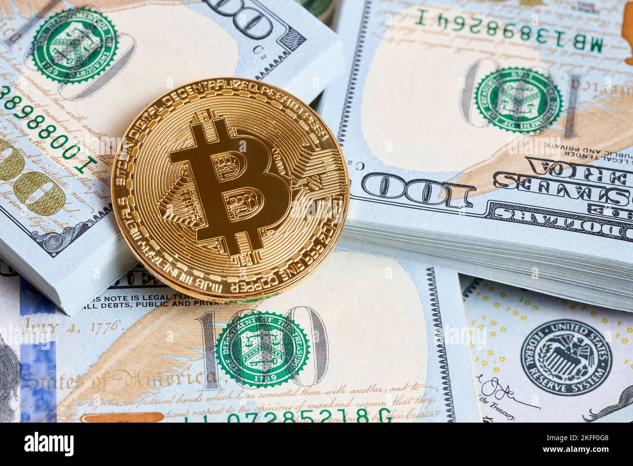 New US Dollar USD 2009 series bill bundles with metal bitcoin BTC coin ...