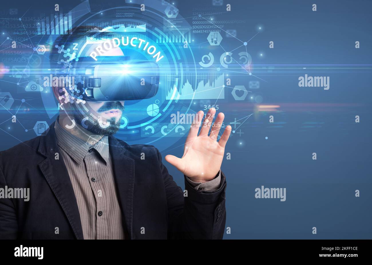 Businessman looking through VR glasses Stock Photo - Alamy