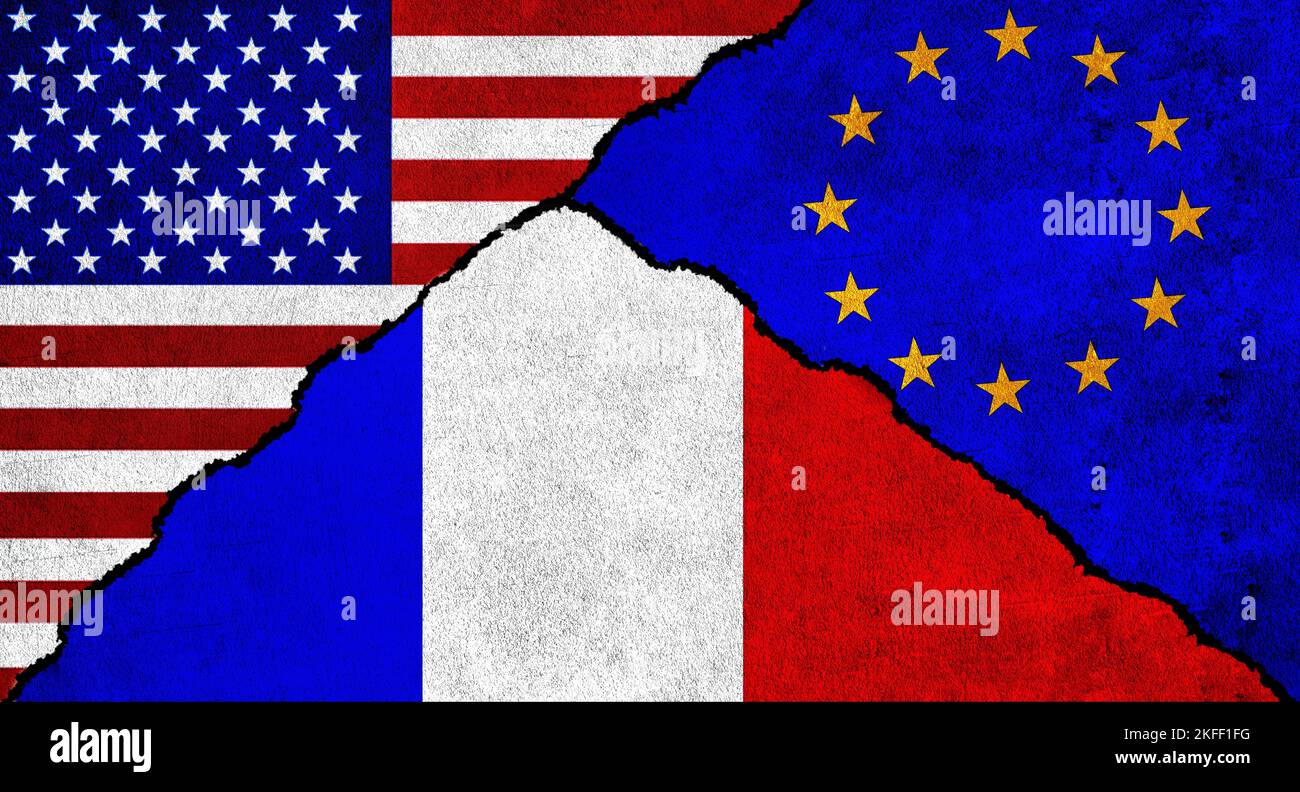 USA, European Union (EU) and France flag together on wall. Diplomatic ...