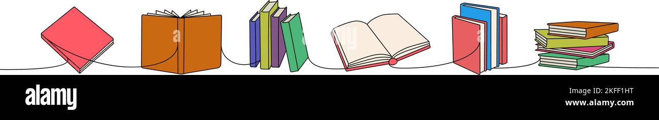 Books one line colored continuous drawing. Bookstore, library ...