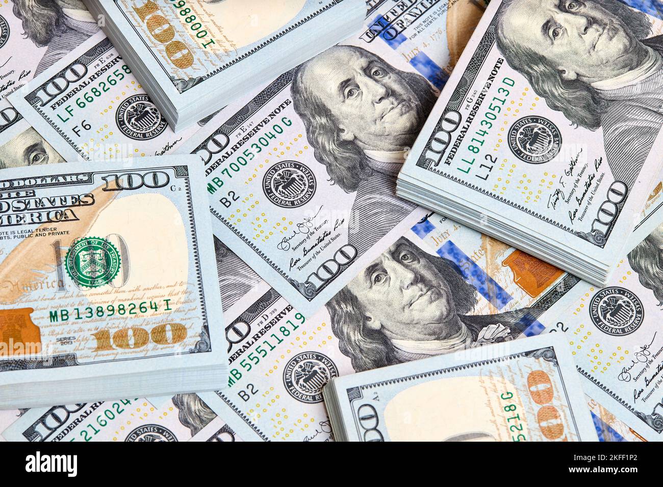 New US Dollar USD 2009 series bill bundles over heap of New United ...