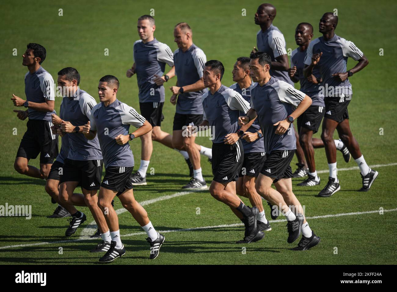 Doha, Qatar. 18th Nov, 2022. Referees attend a practice session at ...