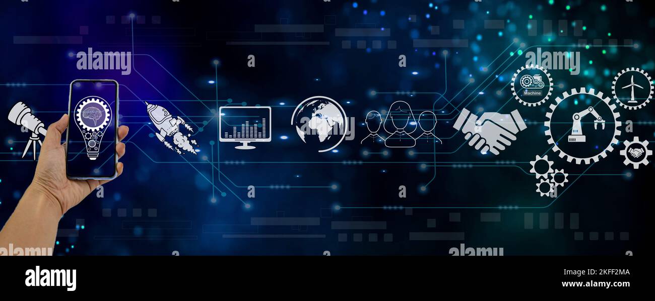 Engineer hand using smartphone and checking automatic machine robot ...