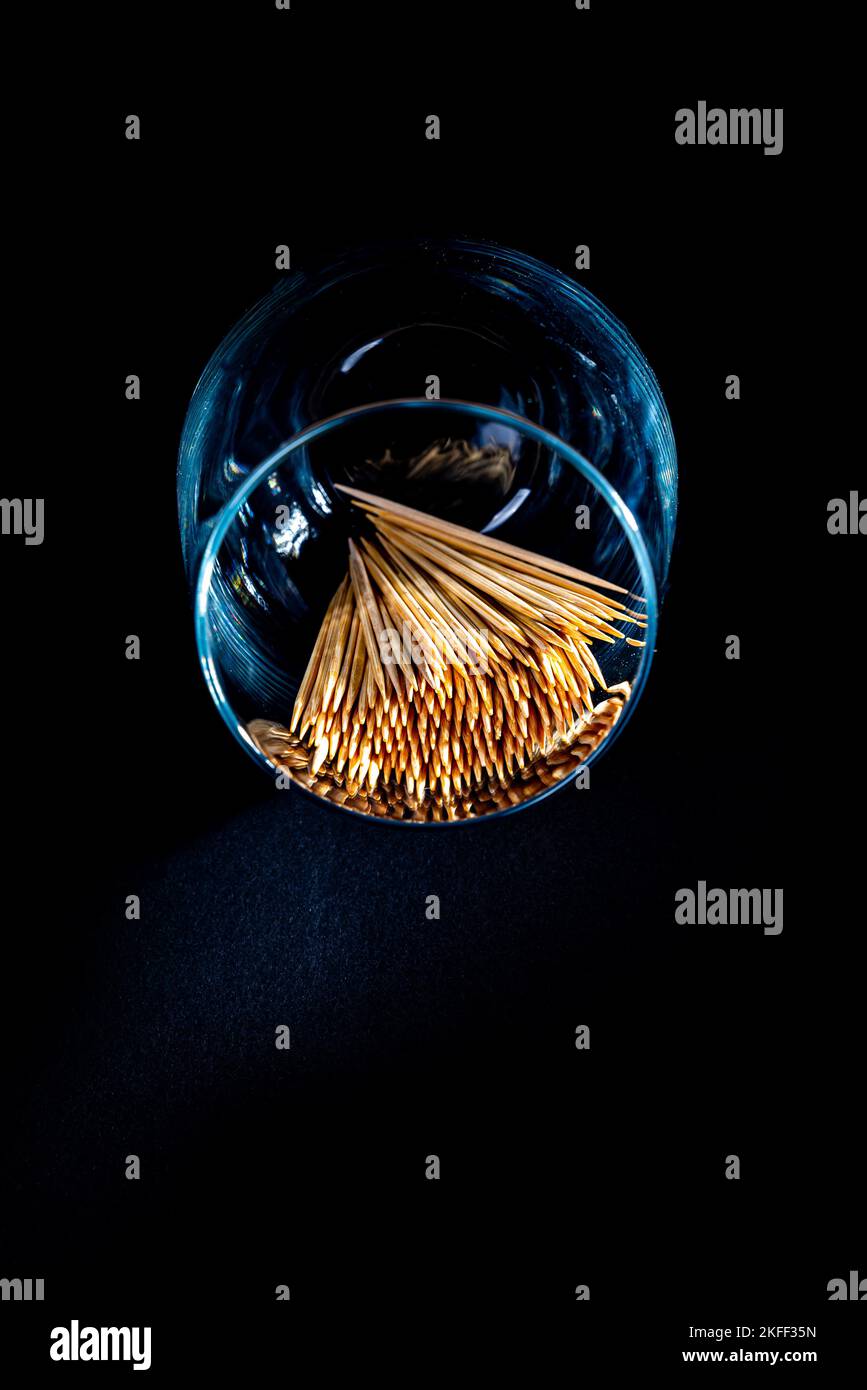 bamboo wooden toothpicks in glass jar, wine glass. in bucket ...