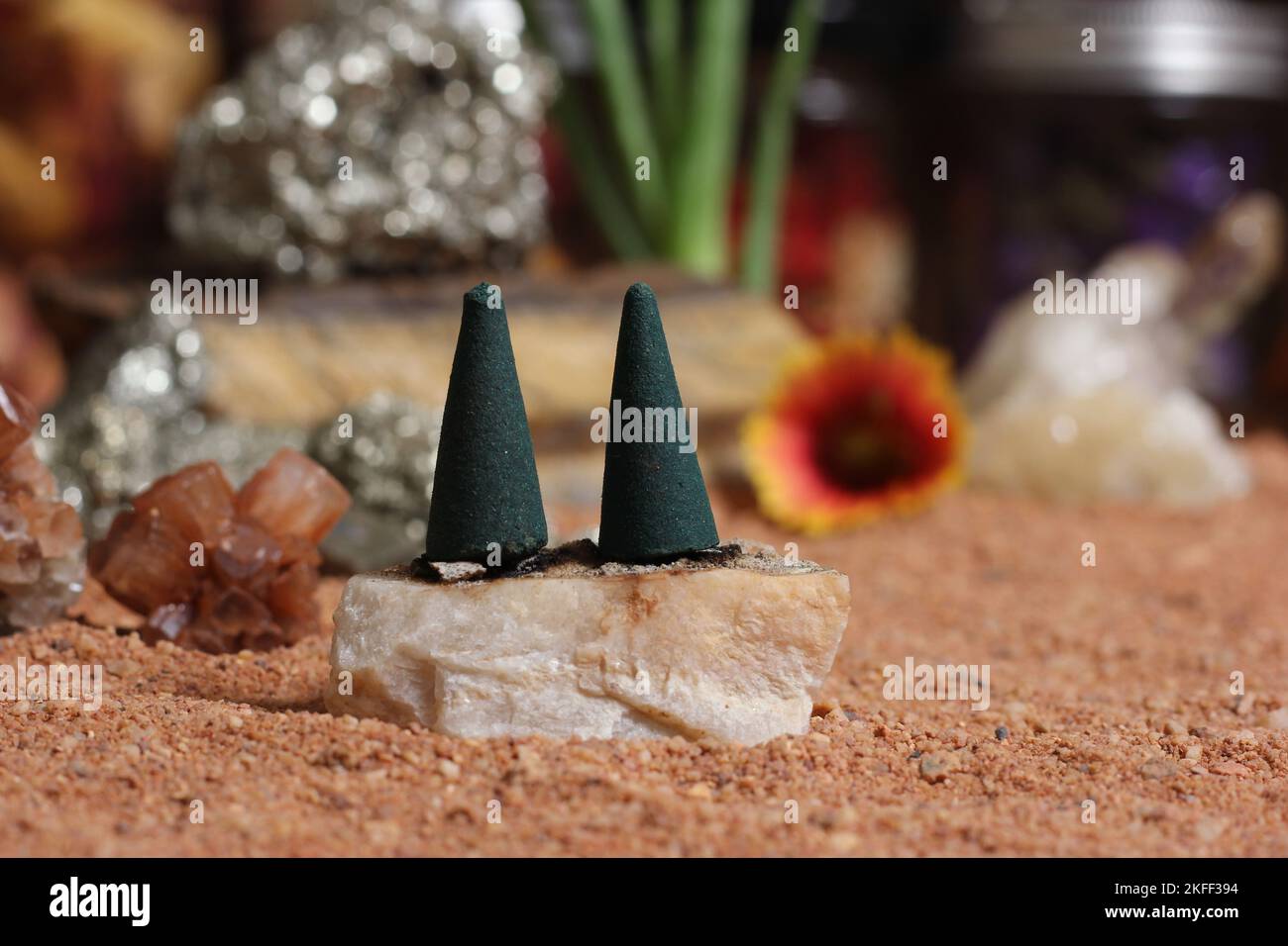 Chakra Stones With Aloe Vera Plants and Incense Cones on Australian Red ...