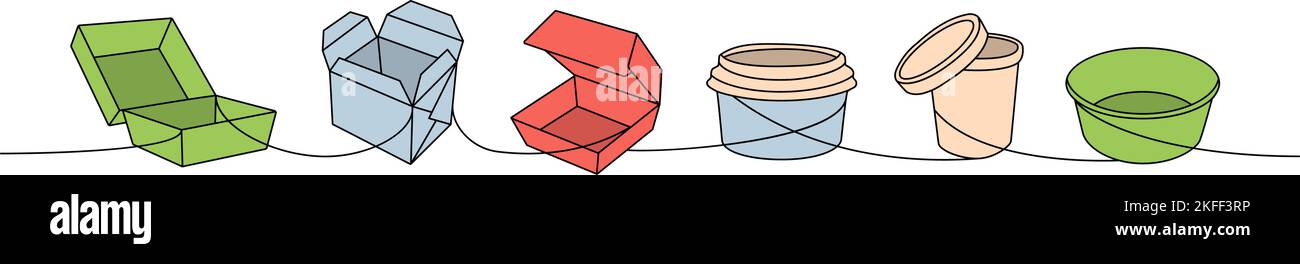 Takeaway Cardboard Boxes Set One Line Colored Continuous Drawing Empty