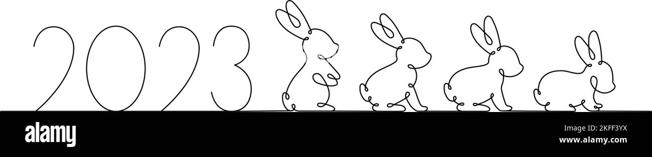 2023 Rabbit one line drawing. Year of the Rabbit. Hare continuous one ...