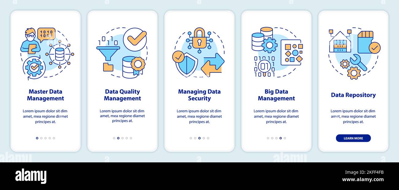 Types of data management onboarding mobile app screen Stock Vector ...