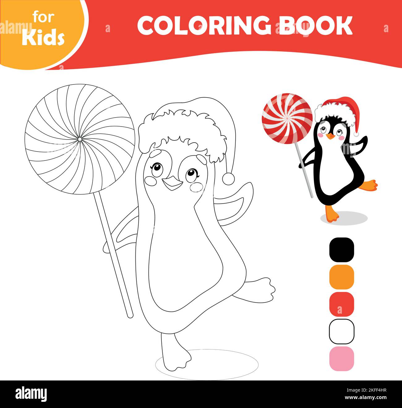 Coloring book for children. Penguin in New Year's hat with a lollipop ...