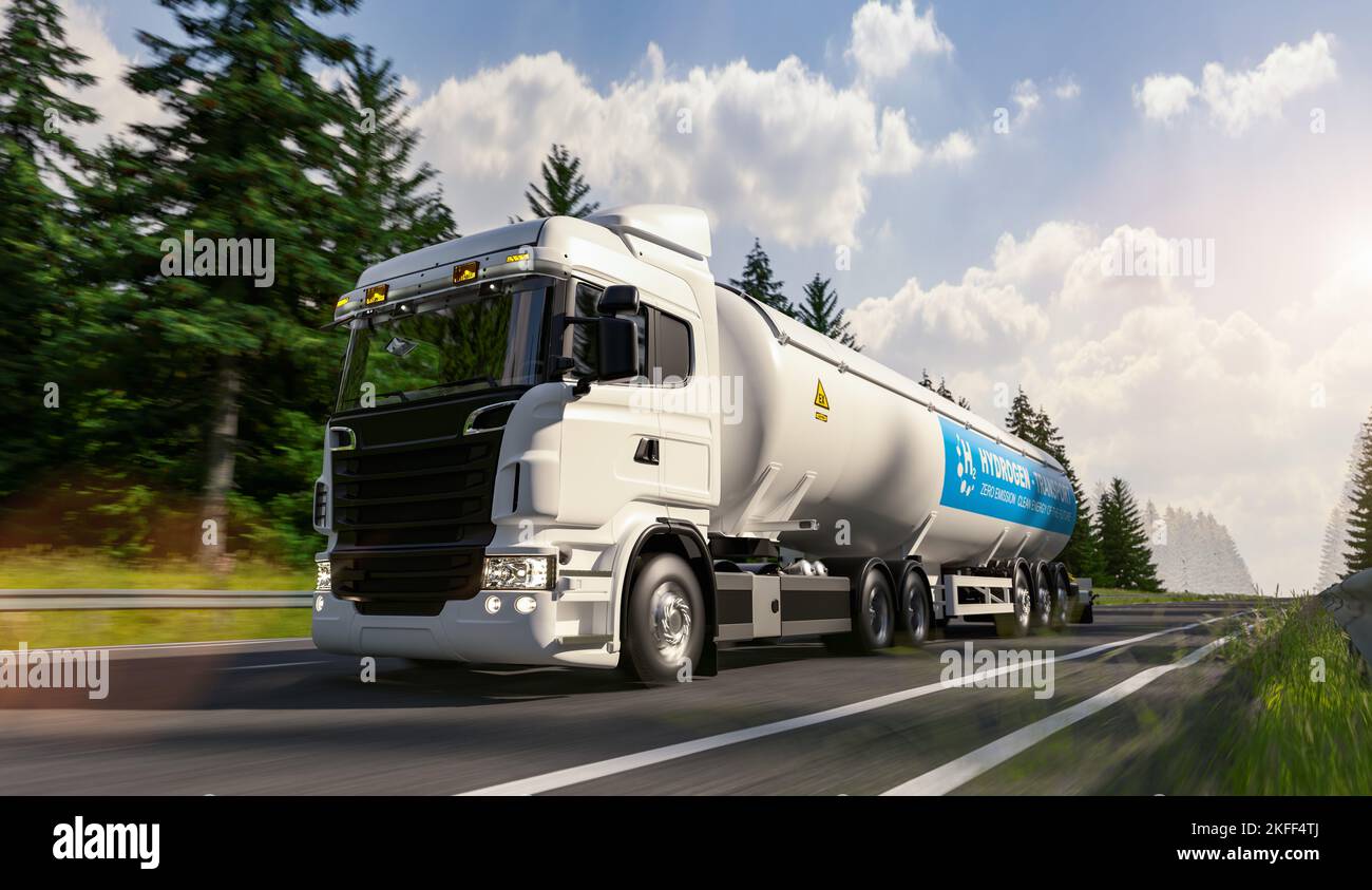 Hydrogen logistics concept. Truck with gas tank trailer on the forest ...