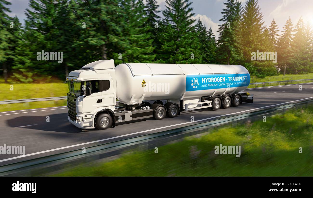 Truck with Hydrogen gas tank trailer on a forest road. New Energy ...