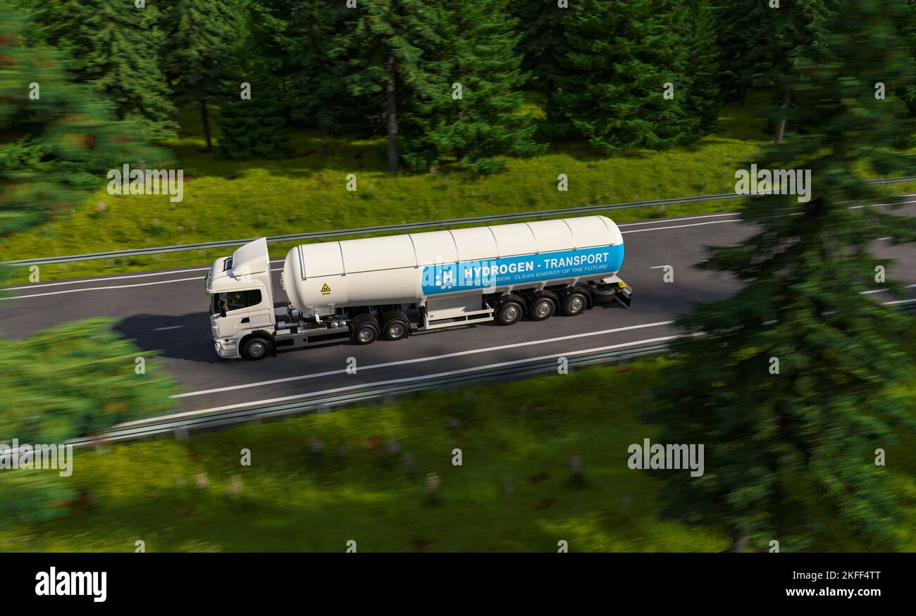 Truck with Hydrogen gas tank trailer on the road. New Energy Hydrogen ...